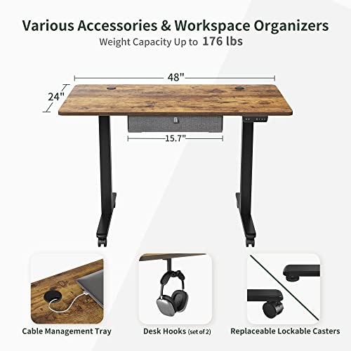 FEZIBO 48 x 24 Inches Standing Desk with Drawer, Adjustable Height Electric Stand up Desk, Sit Stand Home Office Desk, Ergonomic Workstation Black Steel Frame/Rustic Brown Tabletop