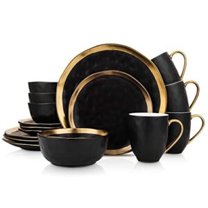 stone lain porcelain 16 piece dinnerware set, service for 4, black and golden rim