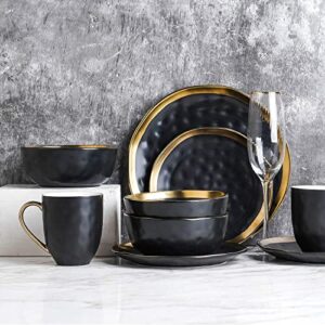 Stone Lain Porcelain 16 Piece Dinnerware Set, Service for 4, Black and Golden Rim