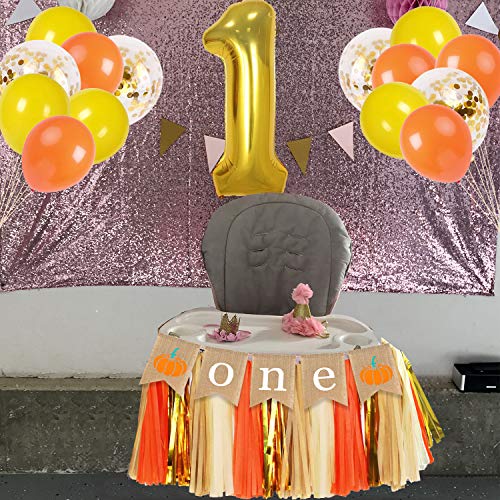 Pumpkin 1st Birthday Banner Autumn Fall First Party Decoration Highchair One Orange Yellow Glitter Gold Balloon Tissue Paper Tassel Garland Supplies