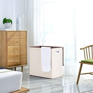 Double Laundry Hamper with Removable Liners and Magnetic Lid, Collapsible Clothes Basket with Built-in Handles for Easy Carrying, Beige