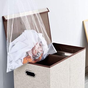 Double Laundry Hamper with Removable Liners and Magnetic Lid, Collapsible Clothes Basket with Built-in Handles for Easy Carrying, Beige