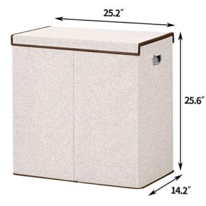 Double Laundry Hamper with Removable Liners and Magnetic Lid, Collapsible Clothes Basket with Built-in Handles for Easy Carrying, Beige