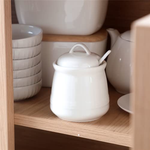 HAOTOP Porcelain Sugar Bowl, Ceramic Salt Bowl with Spoon and Lid for Home and Kitchen, 12 Ounces (White)