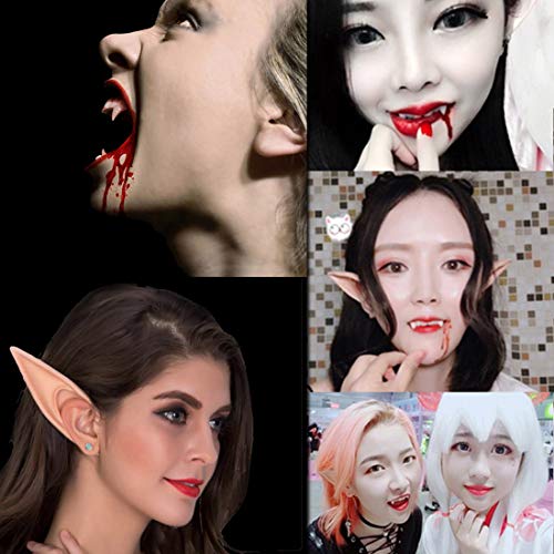 Gustum 2 Different Vampire Fangs Teeth with 1 Tube Teeth Pellets Adhesive, 2 pairs Fairy Pixie Elf Ears, Halloween Horror Party Cosplay Costumes Accessory Prop Decoration