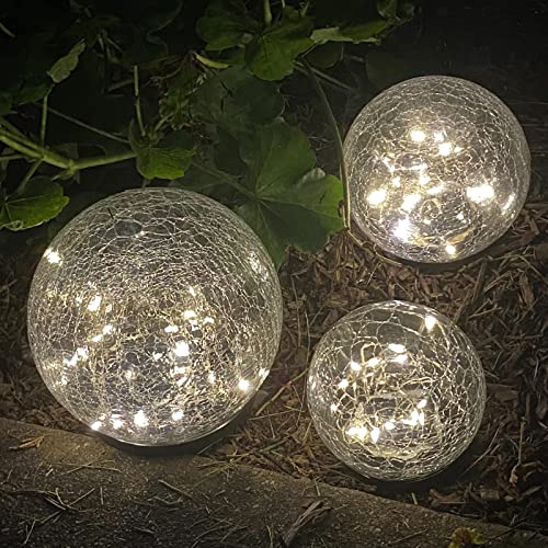 LampLust Solar Globe Light Outdoor - 6 Inch Gazing Ball, LED Fairy Lights, Crackle Glass, Waterproof, Dusk to Dawn Timer, Decorative Lighted Orb for Garden Decor or Patio Table - Batteries Included