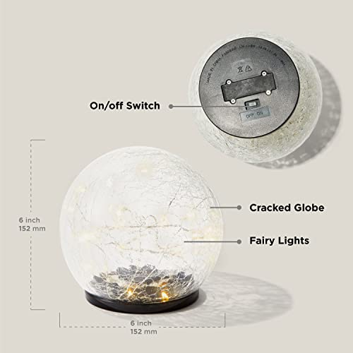 LampLust Solar Globe Light Outdoor - 6 Inch Gazing Ball, LED Fairy Lights, Crackle Glass, Waterproof, Dusk to Dawn Timer, Decorative Lighted Orb for Garden Decor or Patio Table - Batteries Included