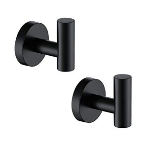 tastos matte black bathroom towel coat hook stainless steel, 2 pack robe clothes cabinet closet sponges hooks holder round style heavy duty wall hook for bathroom kitchen hotel wall mounted