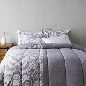 amazon basics ultra-soft lightweight microfiber reversible comforter bedding set, king, gray medallion