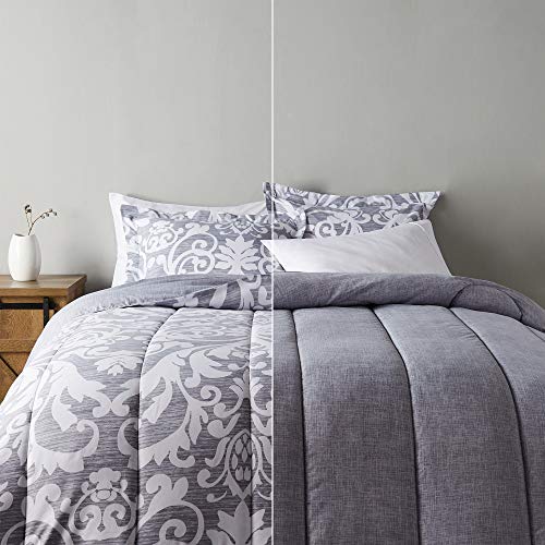 Amazon Basics Ultra-Soft Lightweight Microfiber Reversible Comforter Bedding Set, King, Gray Medallion