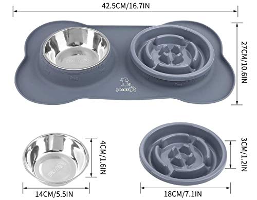 Pecute Dog Bowl Slow Feeder Bloat Stop Pet Bowl Eco-Friendly Non-Toxic No Choking Healthy Design Bowl with No-Spill Non-Skid Silicone Mat Stainless Steel Water Bowl for Dogs Cats and Pets