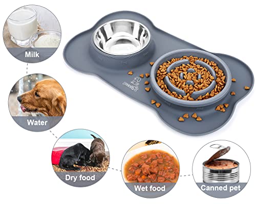 Pecute Dog Bowl Slow Feeder Bloat Stop Pet Bowl Eco-Friendly Non-Toxic No Choking Healthy Design Bowl with No-Spill Non-Skid Silicone Mat Stainless Steel Water Bowl for Dogs Cats and Pets