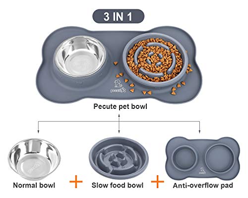 Pecute Dog Bowl Slow Feeder Bloat Stop Pet Bowl Eco-Friendly Non-Toxic No Choking Healthy Design Bowl with No-Spill Non-Skid Silicone Mat Stainless Steel Water Bowl for Dogs Cats and Pets