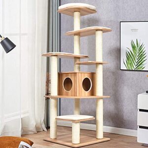 tangkula modern wood cat tree, 69-inch cat tower with multi-layer platform, tall cat tree with sisal rope scratching posts, cat condo furniture w/washable plush cushions for large cats kittens