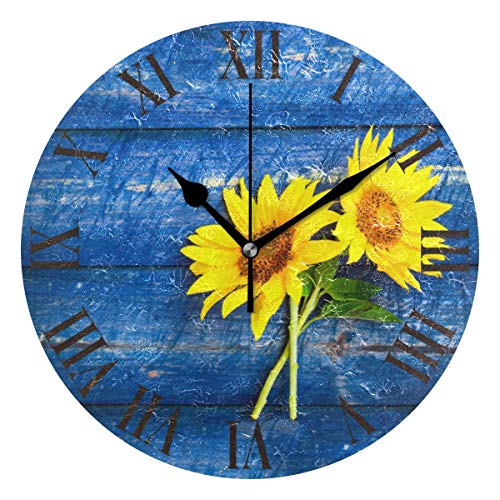 Oreayn Wooden Sunflower Wall Clock for Home Office Bedroom Living Room Decor Non Ticking Yellow Blue