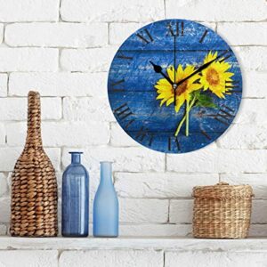 Oreayn Wooden Sunflower Wall Clock for Home Office Bedroom Living Room Decor Non Ticking Yellow Blue