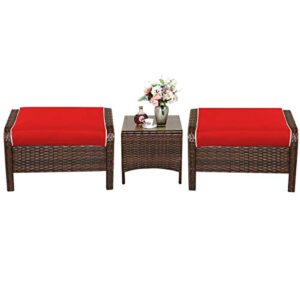 tangkula 3 pcs patio rattan wicker furniture set, 2 ottomans & coffee table