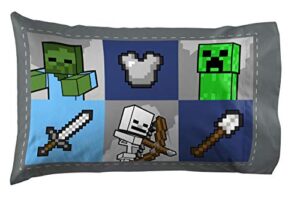 jay franco minecraft overworld 1 single pillowcase - double-sided kids super soft - bedding features creeper, zombie, & skeleton