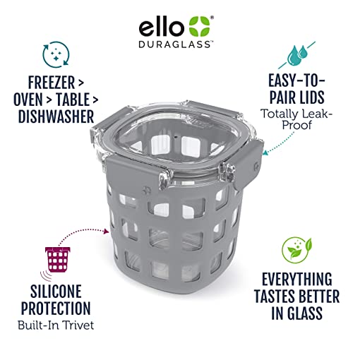 Ello DuraGlass Rounds Glass Food Storage Containers - Meal Prep Bowls with Silicone Sleeve and Airtight Lids, 3 Cup, Gray