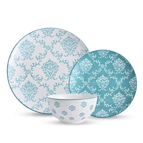 Original Heart 12-Pieces Dinnerware Sets Ceramic Dish Set, Plates and Bowls Sets, Dishes Set for 4, Nonstick Plate Set, Durable Stoneware Plates, Dishes, Soup and Cereal Bowls, Turquoise, for kitchen