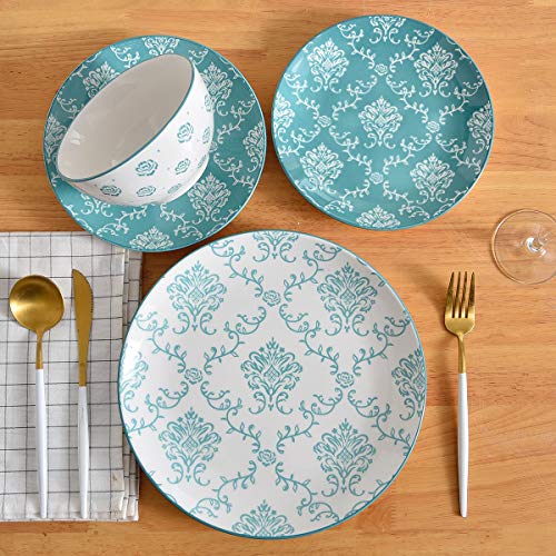 Original Heart 12-Pieces Dinnerware Sets Ceramic Dish Set, Plates and Bowls Sets, Dishes Set for 4, Nonstick Plate Set, Durable Stoneware Plates, Dishes, Soup and Cereal Bowls, Turquoise, for kitchen