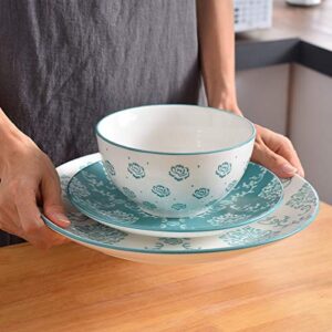 Original Heart 12-Pieces Dinnerware Sets Ceramic Dish Set, Plates and Bowls Sets, Dishes Set for 4, Nonstick Plate Set, Durable Stoneware Plates, Dishes, Soup and Cereal Bowls, Turquoise, for kitchen