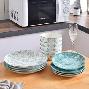 Original Heart 12-Pieces Dinnerware Sets Ceramic Dish Set, Plates and Bowls Sets, Dishes Set for 4, Nonstick Plate Set, Durable Stoneware Plates, Dishes, Soup and Cereal Bowls, Turquoise, for kitchen