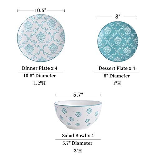 Original Heart 12-Pieces Dinnerware Sets Ceramic Dish Set, Plates and Bowls Sets, Dishes Set for 4, Nonstick Plate Set, Durable Stoneware Plates, Dishes, Soup and Cereal Bowls, Turquoise, for kitchen