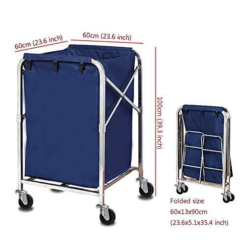 Removable Bags with Laundry Basket Folding Linen Cart on Wheels for Commercial, Industrial Laundry Hamper with Blue Canvas Liner, Hospital Clothes Storage Cart，100 kg Load