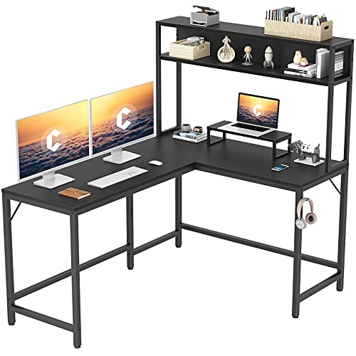 CubiCubi L-Shaped Desk with Hutch,59" Corner Computer Desk,Home Office Gaming Table Workstation with Storage Bookshelf,Dark Black