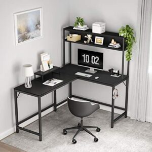 CubiCubi L-Shaped Desk with Hutch,59" Corner Computer Desk,Home Office Gaming Table Workstation with Storage Bookshelf,Dark Black