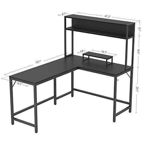 CubiCubi L-Shaped Desk with Hutch,59" Corner Computer Desk,Home Office Gaming Table Workstation with Storage Bookshelf,Dark Black