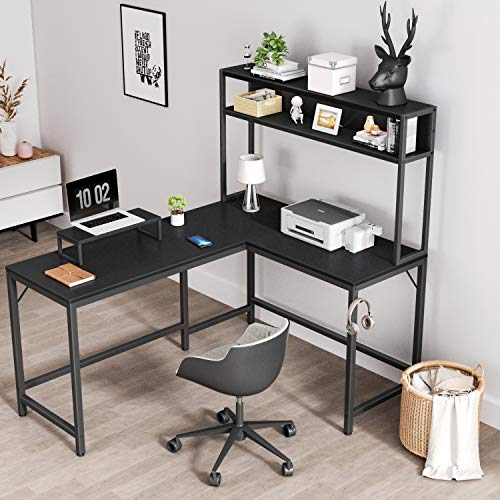 CubiCubi L-Shaped Desk with Hutch,59" Corner Computer Desk,Home Office Gaming Table Workstation with Storage Bookshelf,Dark Black