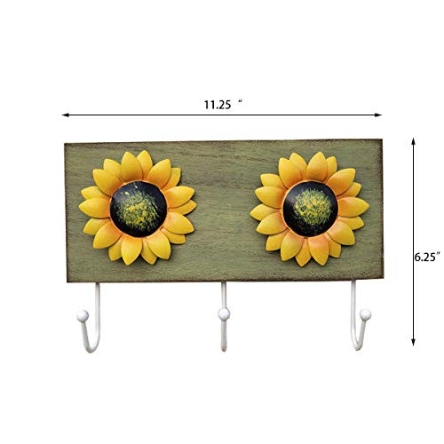 Wood Metal Sunflower Wall Hook Keys Coats Aprons Utilities Hook Kitchen Living Room Wall Decor-(White,Blue & Green,Set of 3)