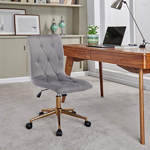 Duhome Armless Home Office Chair, Velvet Tufted Computer Rolling Desk Chair with Back,Adjustable Vanity Chair with Wheels,Grey