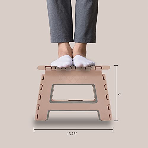 Brookstone BKH1100 9” Folding Step Stool, Non-Slip Textured Grip Surface, Foldable Space Saving Design, Carrying Handle, Holds Up to 300 Pounds, Blush