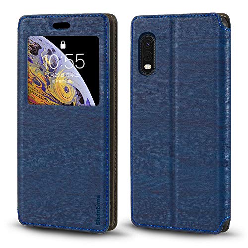 Samsung Galaxy Xcover Pro G715F Case, Wood Grain Leather Case with Card Holder and Window, Magnetic Flip Cover for Samsung Galaxy J7 Max G615F (Blue)