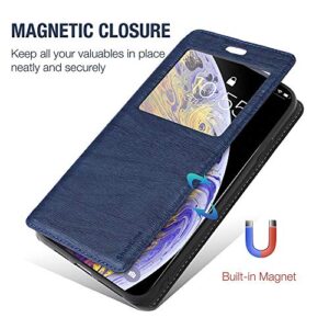 Samsung Galaxy Xcover Pro G715F Case, Wood Grain Leather Case with Card Holder and Window, Magnetic Flip Cover for Samsung Galaxy J7 Max G615F (Blue)