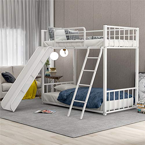 Metal Loft Bunk Bed with Slide and Ladder, Multifunctional Design, with Safety Guard Rails for Kids Teens Adults/Easy to Assemble/No Box Spring Required (White)