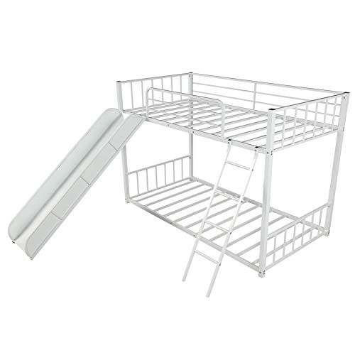 Metal Loft Bunk Bed with Slide and Ladder, Multifunctional Design, with Safety Guard Rails for Kids Teens Adults/Easy to Assemble/No Box Spring Required (White)