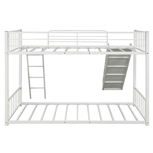 Metal Loft Bunk Bed with Slide and Ladder, Multifunctional Design, with Safety Guard Rails for Kids Teens Adults/Easy to Assemble/No Box Spring Required (White)