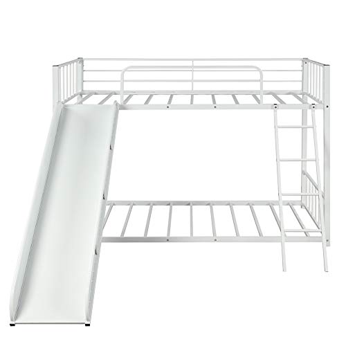 Metal Loft Bunk Bed with Slide and Ladder, Multifunctional Design, with Safety Guard Rails for Kids Teens Adults/Easy to Assemble/No Box Spring Required (White)