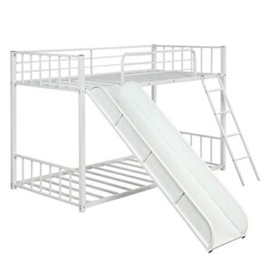 Metal Loft Bunk Bed with Slide and Ladder, Multifunctional Design, with Safety Guard Rails for Kids Teens Adults/Easy to Assemble/No Box Spring Required (White)