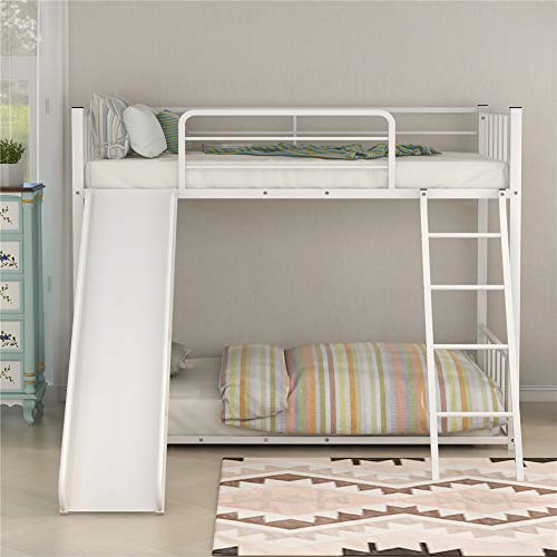 Metal Loft Bunk Bed with Slide and Ladder, Multifunctional Design, with Safety Guard Rails for Kids Teens Adults/Easy to Assemble/No Box Spring Required (White)