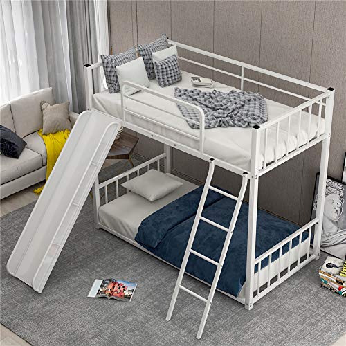 Metal Loft Bunk Bed with Slide and Ladder, Multifunctional Design, with Safety Guard Rails for Kids Teens Adults/Easy to Assemble/No Box Spring Required (White)