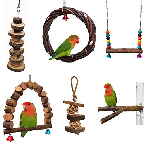 alfyng 6 Pack Bird Parrot Chewing Swing Toys Set, Bird Hanging Bell Perches, Parrot Hammock Wooden Cage Stands for Small Parakeets, Cockatiels, Conures, Love Birds, Finches and Other Small Animals