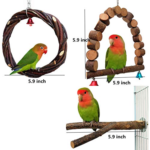 alfyng 6 Pack Bird Parrot Chewing Swing Toys Set, Bird Hanging Bell Perches, Parrot Hammock Wooden Cage Stands for Small Parakeets, Cockatiels, Conures, Love Birds, Finches and Other Small Animals