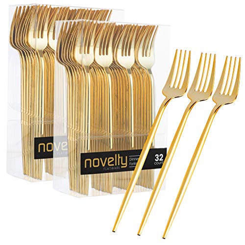 Novelty Modern Flatware, Cutlery, Disposable Plastic Dinner forks Luxury Gold 64 Count