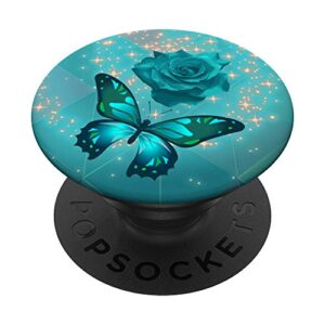 rose butterfly flower cell phone button pop up holder teal popsockets popgrip: swappable grip for phones & tablets