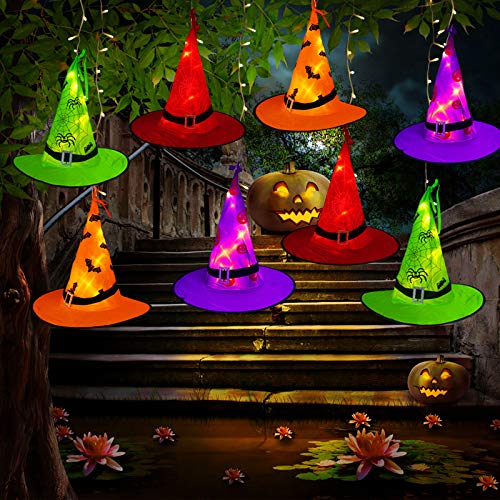 Tcamp Halloween Decorations Outdoor Lighted Witch Hats Lights, 8Pcs Hanging Glowing Witch Hats with 44ft 104LED Halloween Lights String for Indoor, Outdoor, Yard, Tree Decor (8 Lighting Modes